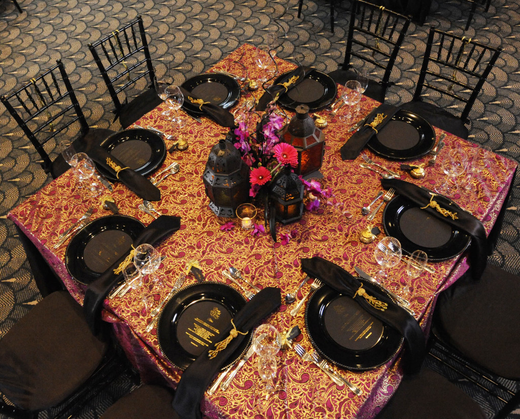 Magenta & Gold Paisley Brocade Linen Rental Tablecloth